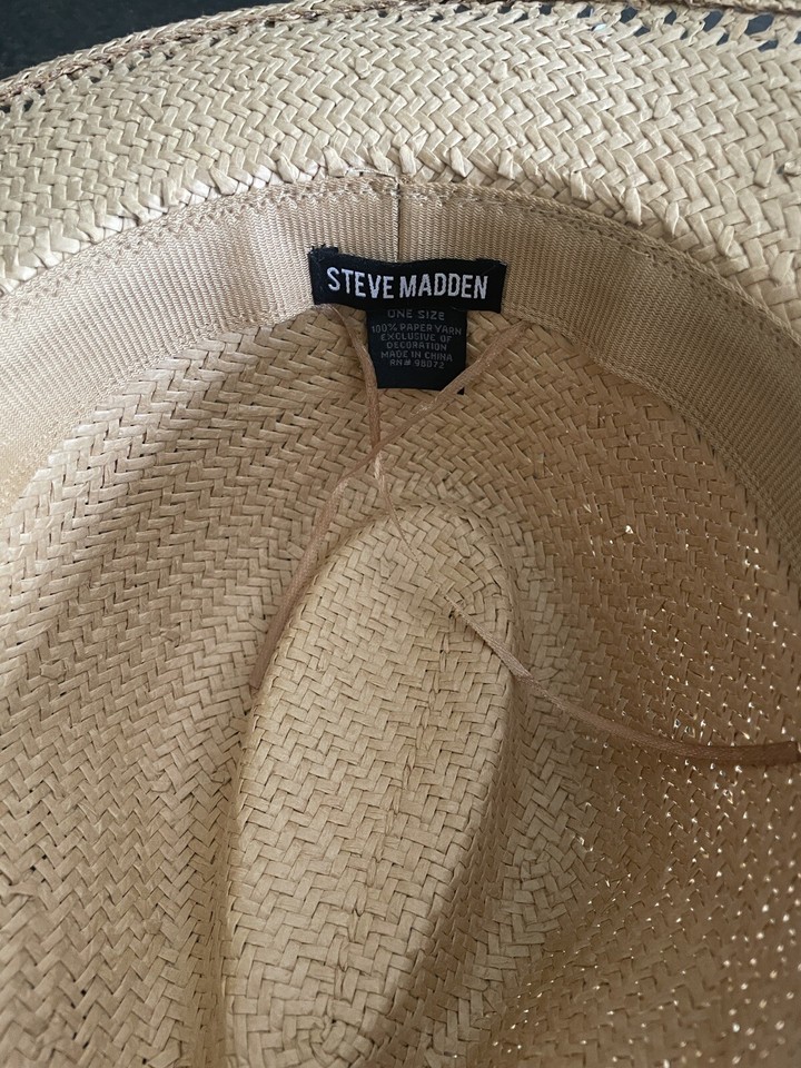 Steve Madden Straw Fedora Hat Natural Braided Paisley Blue Band Summer ...