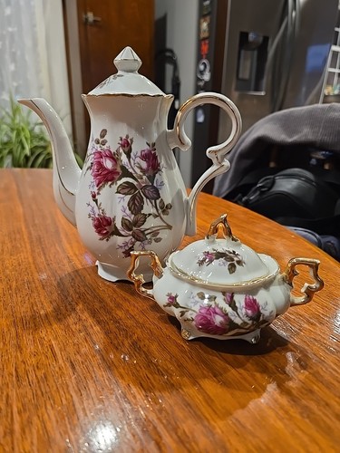 Vintage Moss Rose Pink Coffee or Tea Pot And Sugar Bowl | eBay UK