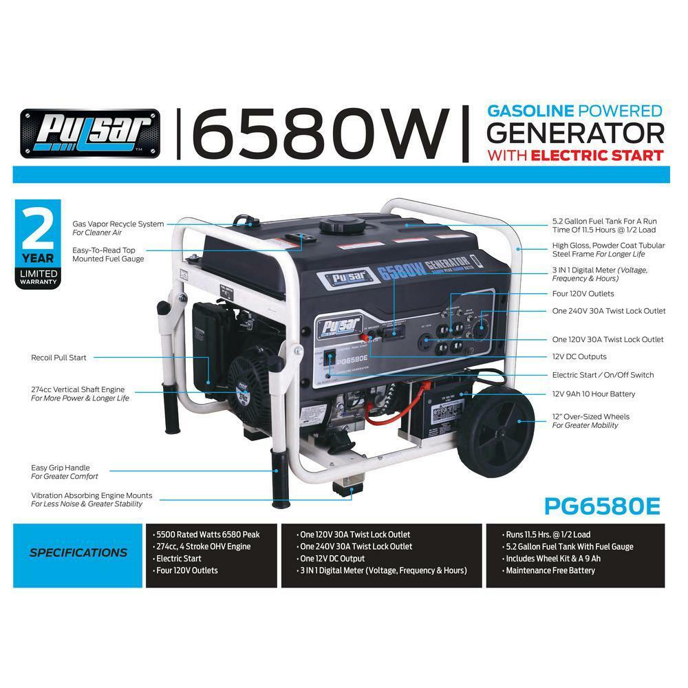 Pulsar 6,580-W 8-HP Portable RV Ready Gas Powered Generator with ...