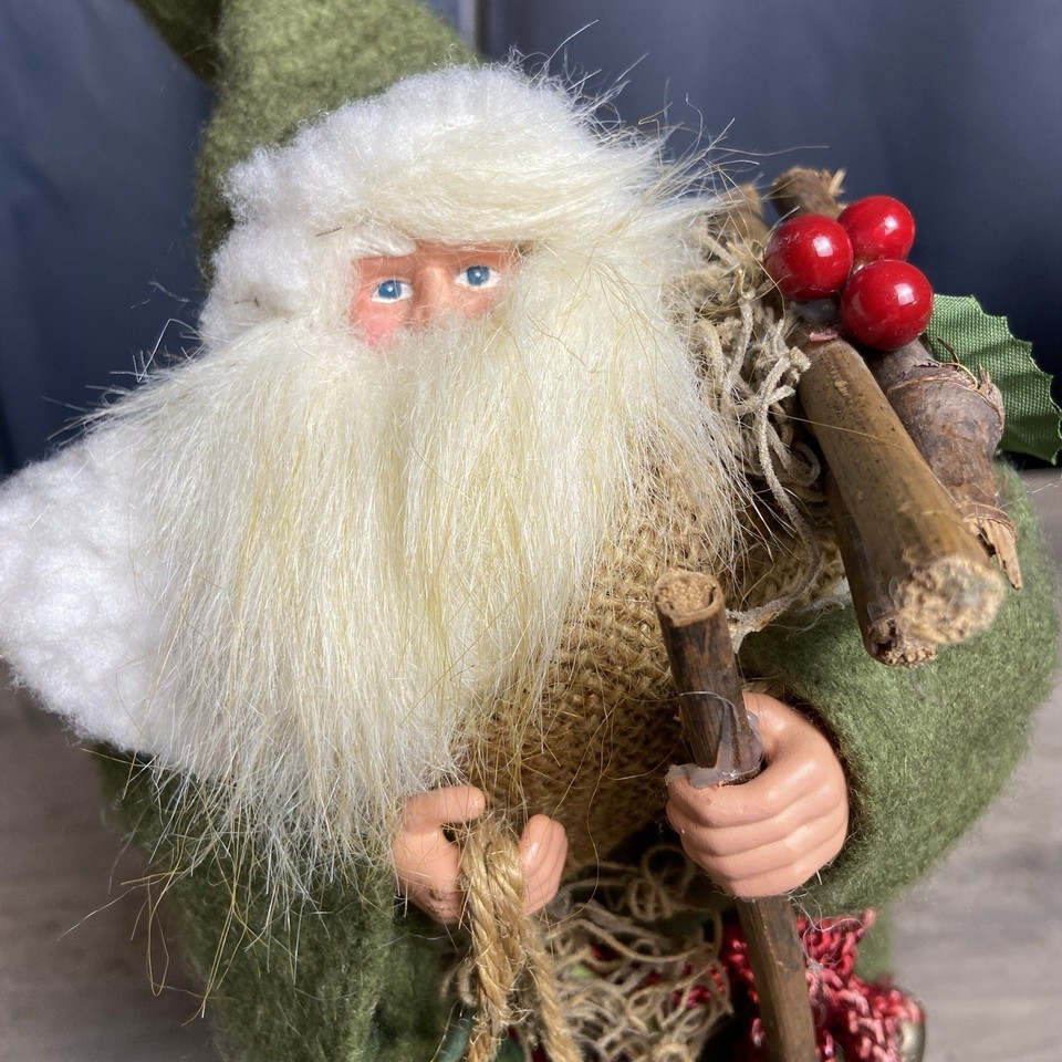 Old Santa Claus 10” Figure On Wooden Base Green Santa Claus Figurine ...
