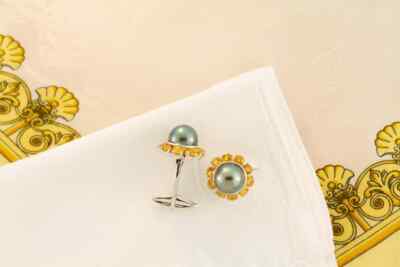 Feature Two South Sea Lustrous Pearls With Yellow Citrine Cluster Halo ...