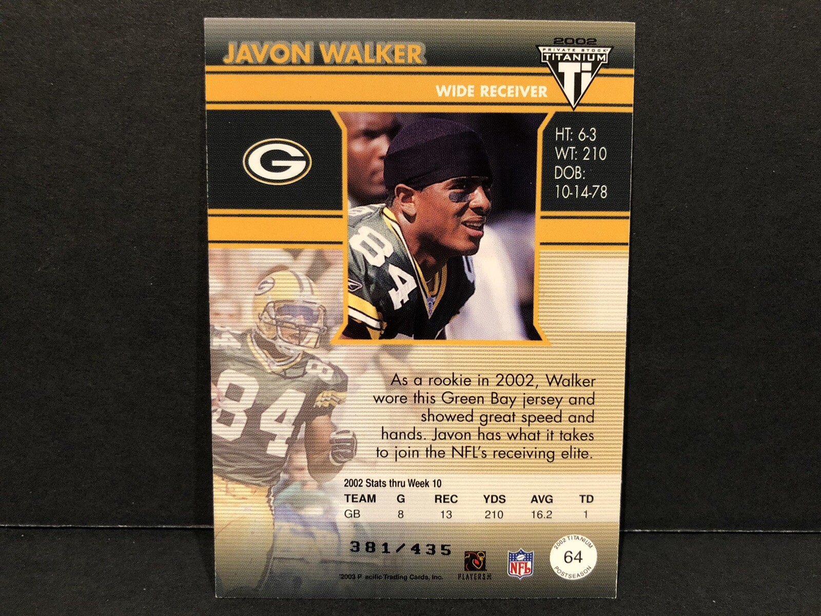 2002 Titanium Post Season Football Card #64 Javon Walker Rookie /435 ...