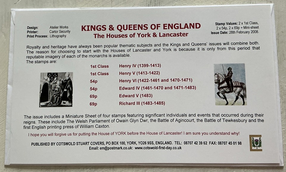 GB QEII 2008 Lancaster and York Minisheet Stuart FDC Richard III ...