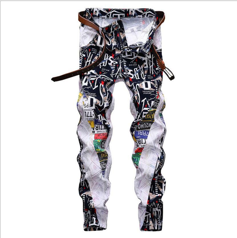 Mens Black Cotton Pants Letter Printed Straight Leg Stretchy Jeans Punk ...
