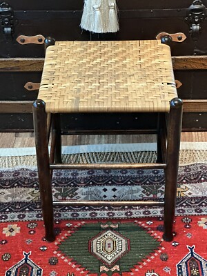 Vintage Post and Rung Stool Woven Hickory Bark Rush Seat Foot Stool | eBay