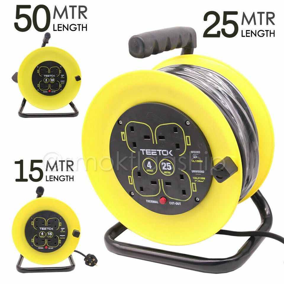 Extension Lead Reel 4 Way 5M 15M 20M 25M 50M Cable Socket Heavy Duty ...