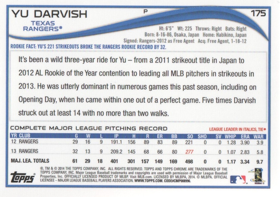 2014 Topps Chrome Baseball #175 Yu Darvish | eBay