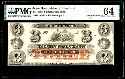 NH $3 ROLLINSFORD New Hampshire Salmon Falls Bank PMG Ch Unc 64 NH-310 ...