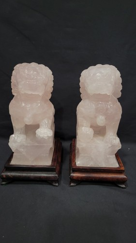 Pair Antique CHINESE HAND MADE ROSE QUARTZ FOO DOGS LIONS, REPUBLIC ...
