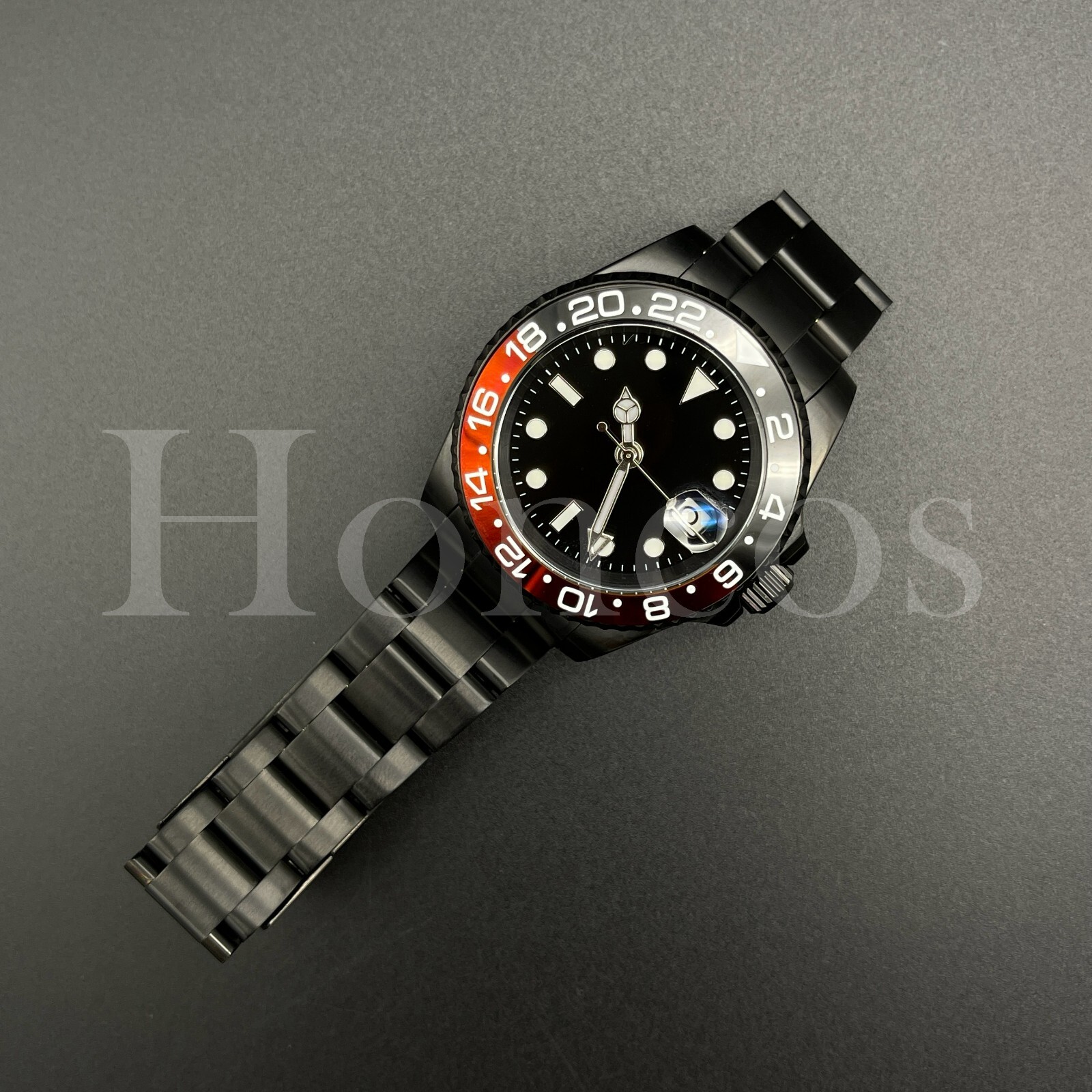 Custom Made GMT Style Watch Automatic Movement Black Dial Black Red ...
