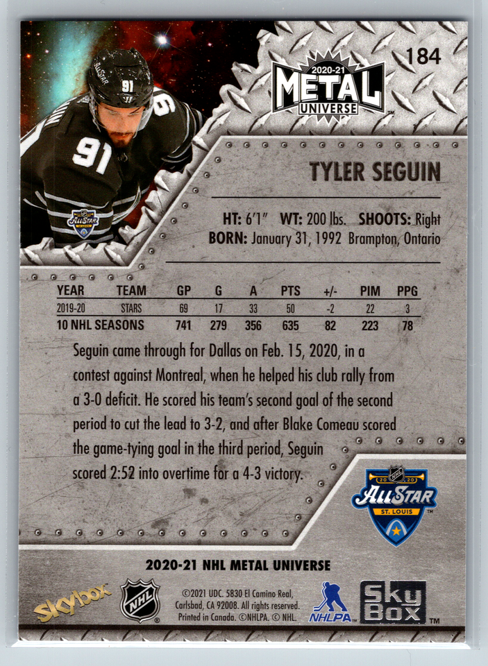 2020 Skybox Metal Universe #184 Tyler Seguin Blue Spectrum Dallas Stars ...