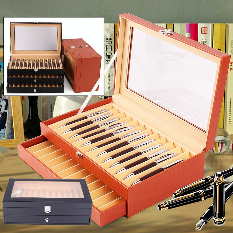 36 Slot Fountain Pen Holder Leather Display Case Organizer Collector ...