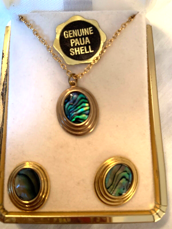 Genuine Paua Shell Necklace Earring Set NEW ORIG.BOX BEACH JEWELRY NICE ...