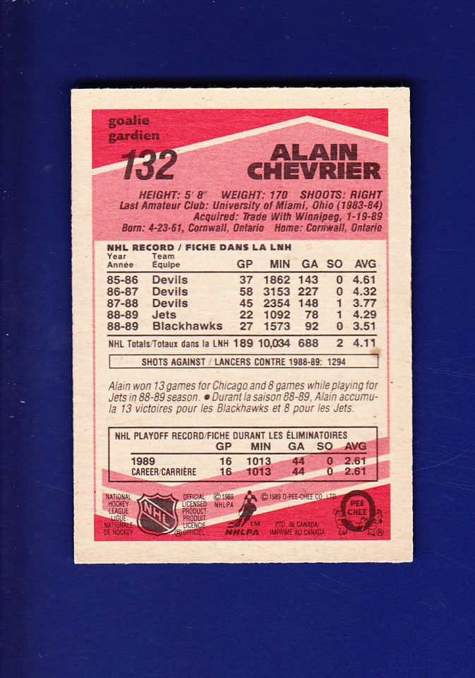 Alain Chevrier 1989-90 O-PEE-CHEE OPC NHL Hockey #132 (NM+) Chicago ...