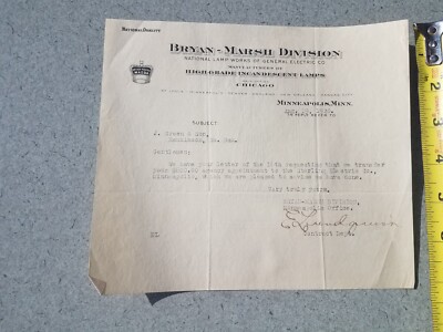 1920 National Lamp Work GE Bryan Marsh Ephemera Letterhead Receipt ...