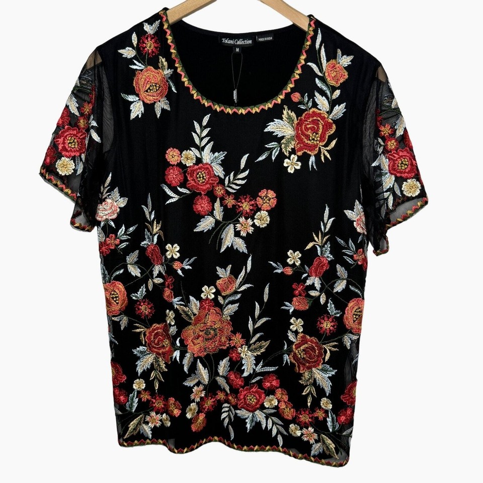 Tolani Collection Black Mesh Floral Embroidered Top Size Medium Boho ...