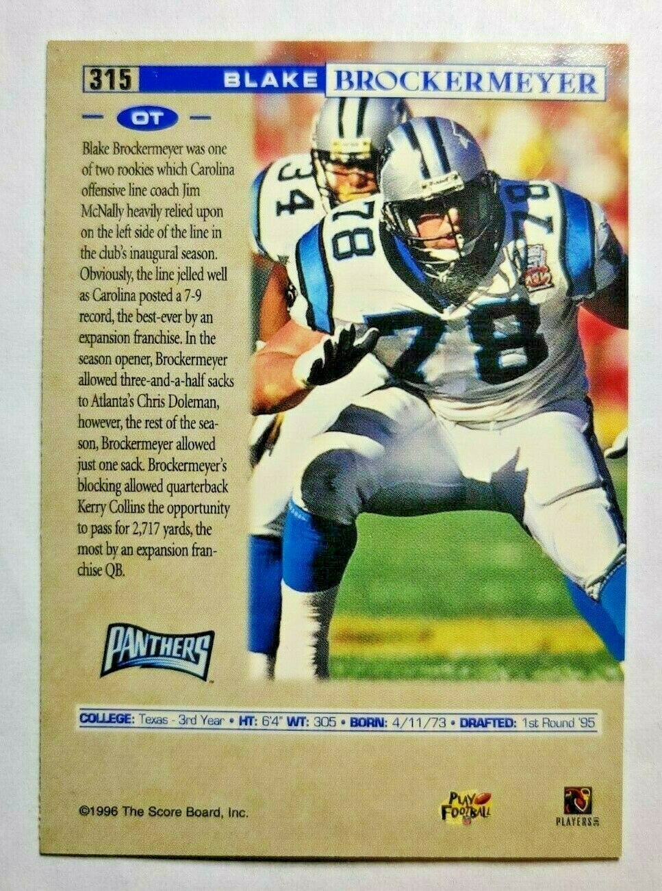 1996 Pro Line Football Card #315 Blake Brockermeyer Carolina Panthers ...