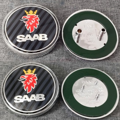 2x BLACK CARBON For SAAB Bonnet and Boot Badges Emblem 68 MM 93,95 9-3 ...