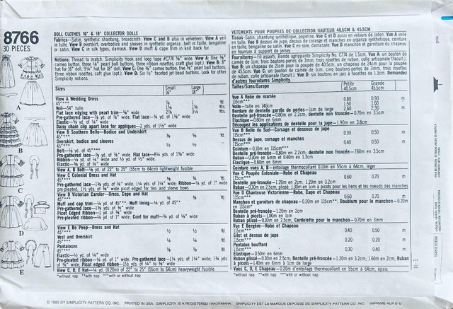 Simplicity 8766 Pattern for 16 and 18" Doll Dresses for sale online | eBay