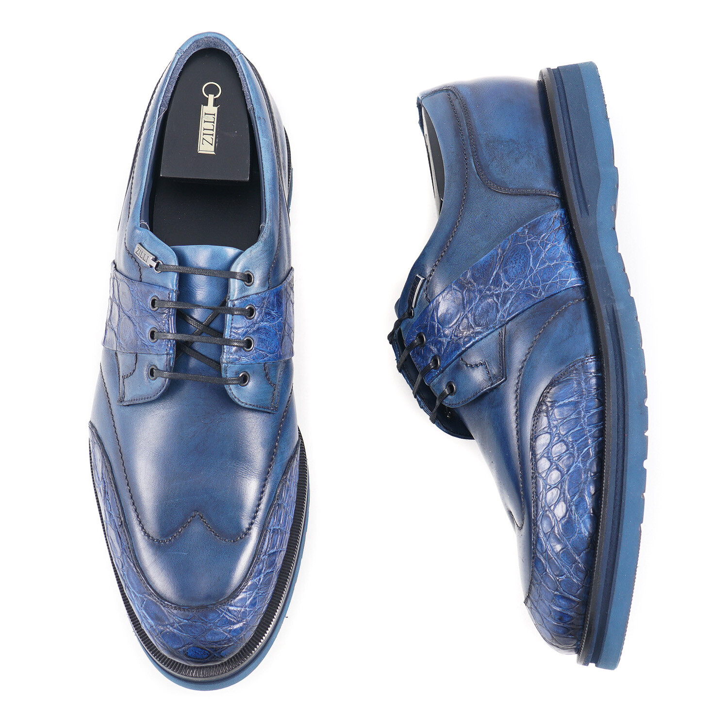 Zilli Blue Calf Leather and Genuine Crocodile Wingtip Derby 13 (Eu 46 ...