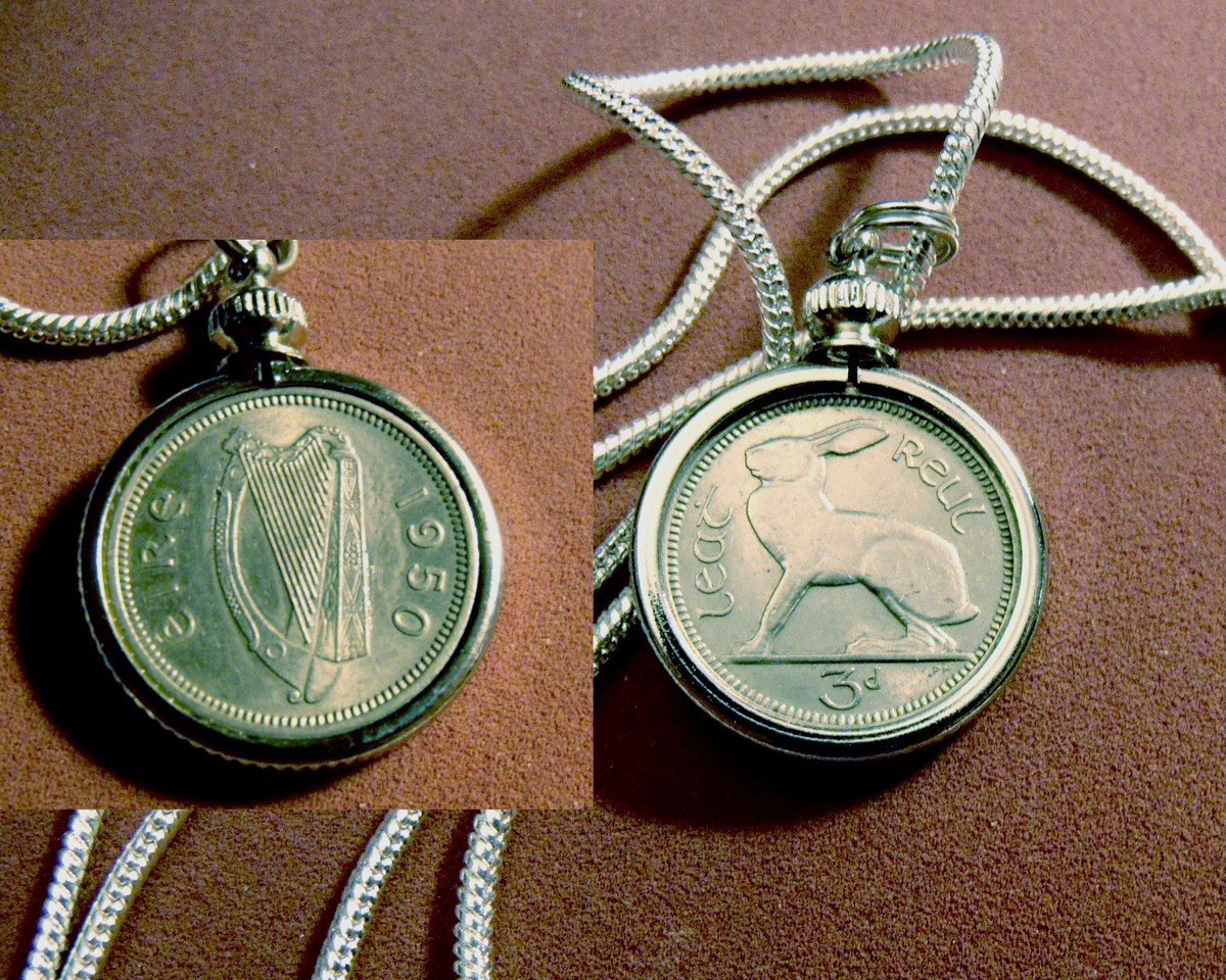 1950 Irish Rabbit Harp Hare Coin Pendant 18k 24" White Gold Filled ...