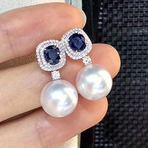 Women's Fashion Faux Pearl Earrings Inlaid with Sapphire Blue Zircon ...