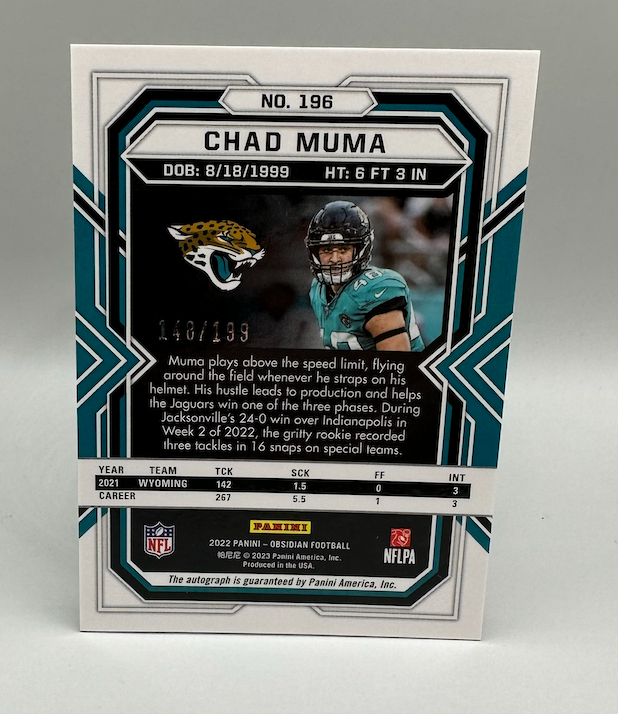 2022 Panini Obsidian Chad Muma Rookie Autograph #'d /199 Jacksonville ...
