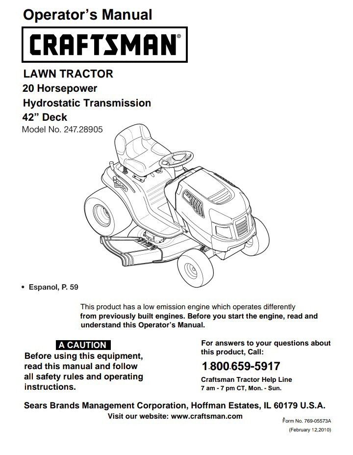 CRAFTSMAN HYDROSTATIC 247.28905 42" 20hp Riding Mower Owner's Manual ...