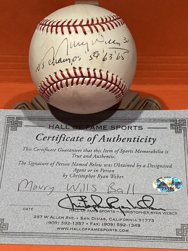 Maury Wills Autographed Ball, COA by Hall of Fame Sports, L.A. Dodger ...