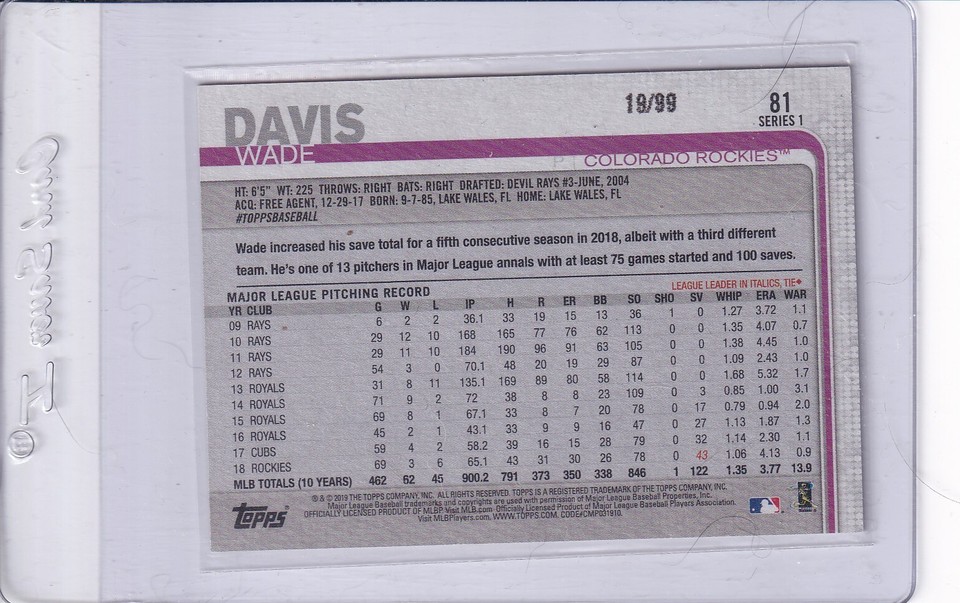 2019 Topps Vintage Stock #81 Wade Davis Colorado Rockies BB 19/99 | eBay