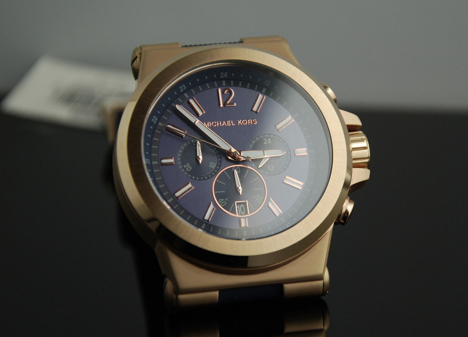 Michael Kors Dylan 48mm Rose Gold Stainless Steel Case Blue Rubber ...