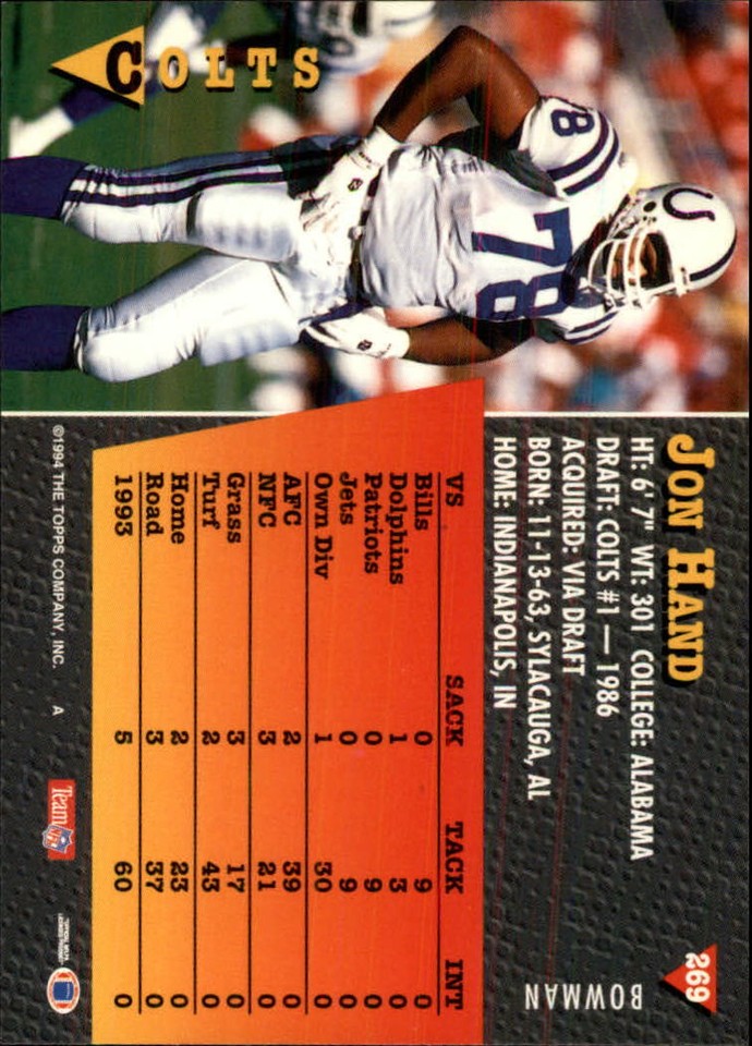 1994 Bowman Football Card #269 Jon Hand | eBay