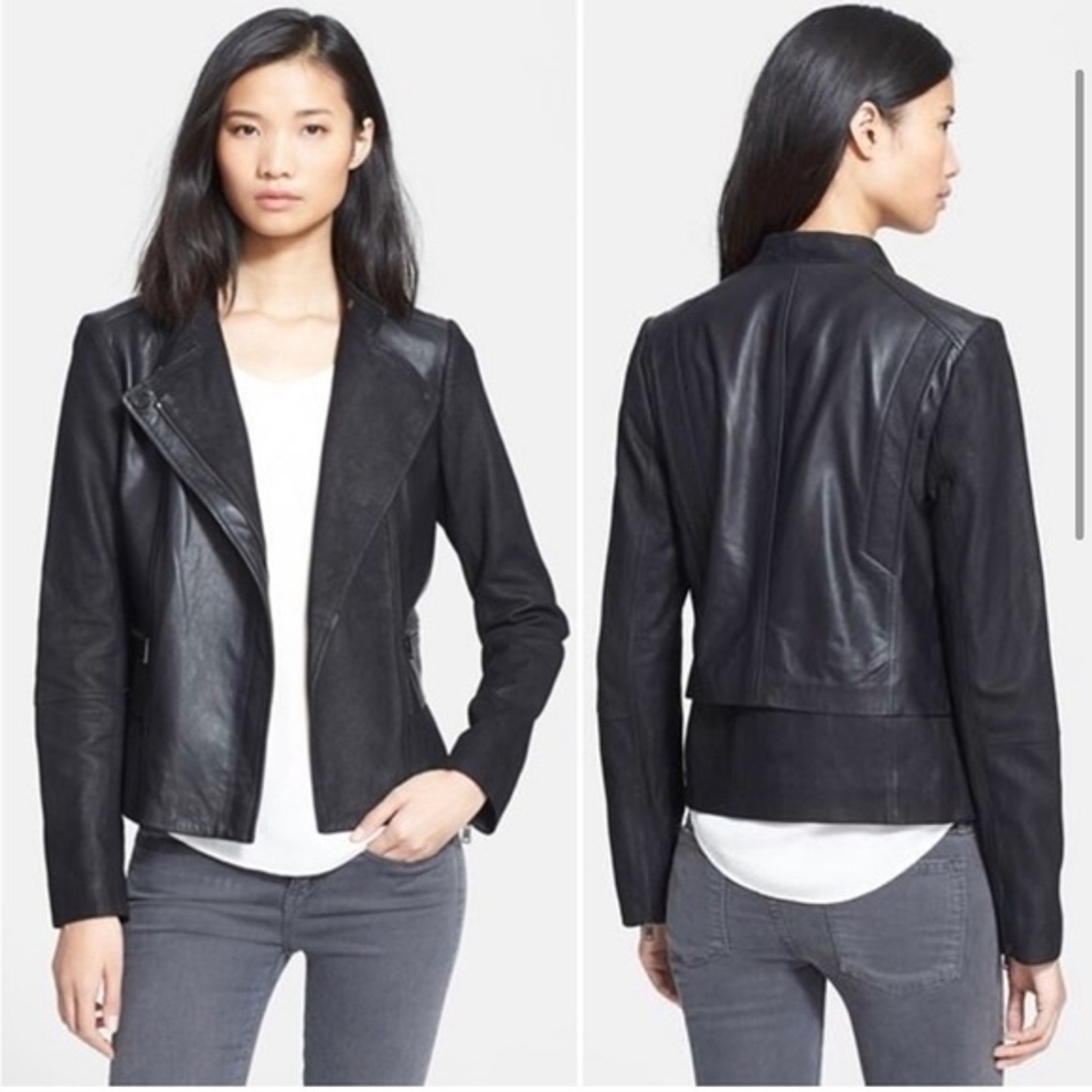 VINCE Texture Block Leather Moto Jacket Black Size La… - Gem
