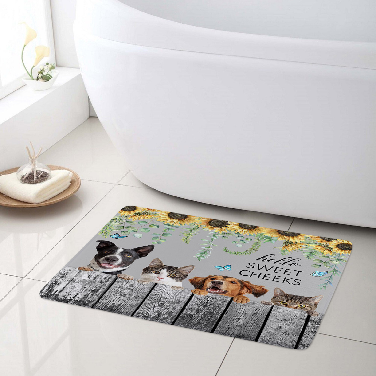 Retro Sunflower Cute Animal Dog Cat Bath Mat for Bathroom Mat Bath Rug ...