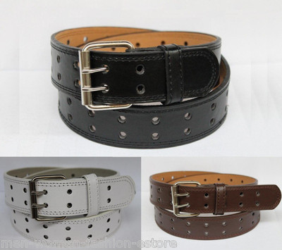 New Unisex Men's Womens Solid 2-Double Row Holes Plain Leather Belt w ...