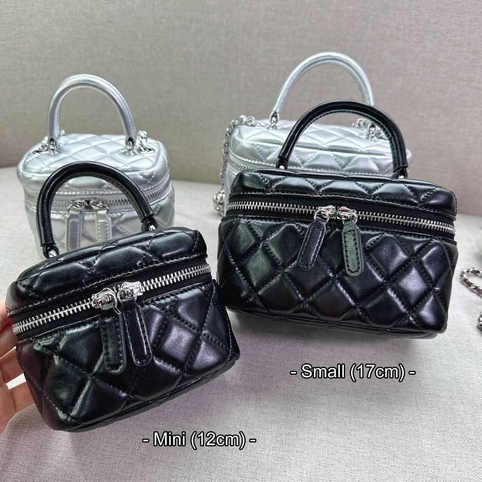 Mini Quilted Real Leather Vanity Case Box Purse Clutch Tote Shoulder ...