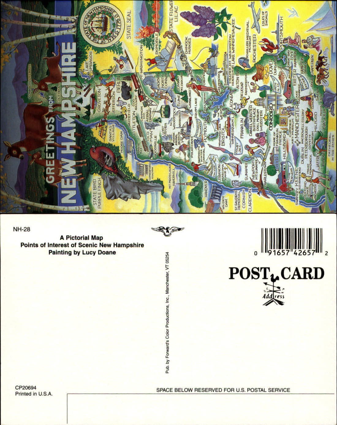 Greetings from New Hampshire points of interest map postcard seal bird ...