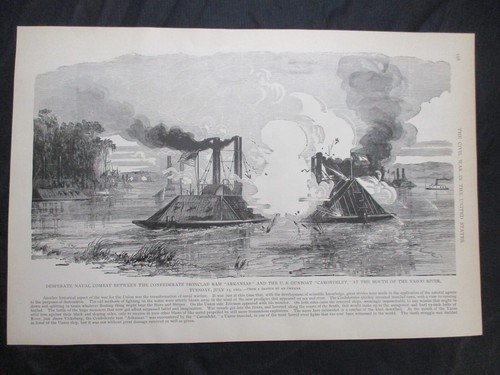 1885 Civil War Print - CSS Arkansas Battle with USS Carondelet, Yazoo ...