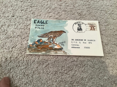 1976 EAGLE Idaho: Signed FOLK ART WATERCOLOR Postal Cover GEORGE HARROD ...