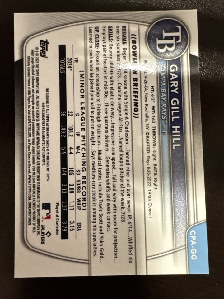 Gary Gill Hill 2025 Bowman Chrome #CPA-GG 1st Prospect Auto | eBay