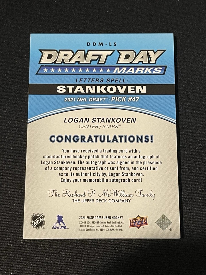 2024-25 SP Game Used Draft Day Marks #DDMLS Logan Stankoven RC PATCH ...