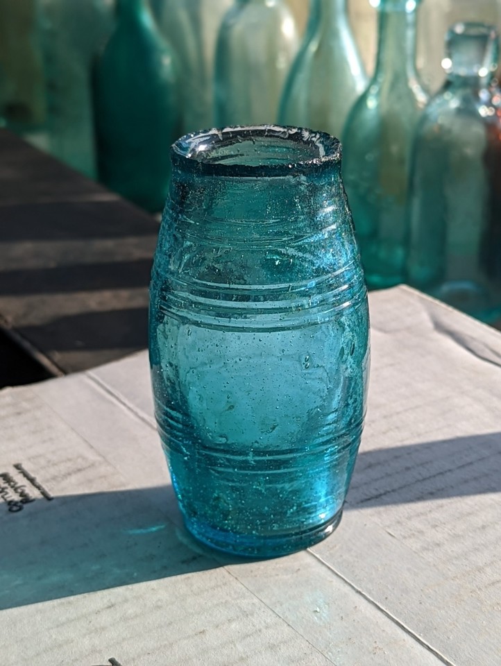 Early Crude Blue Glass Barrel Mustard Jar or Utility Bottle Pontil Era ...