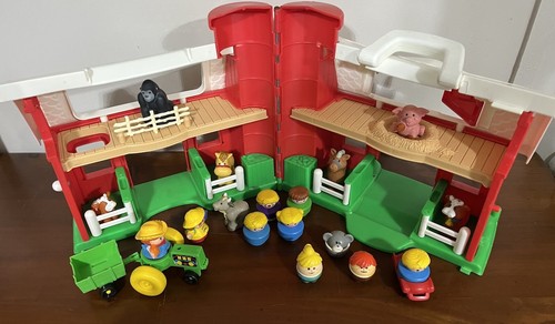 VTG Fisher Price Little People Farm Red Barn Tractor Car 8 Animals 9 ...