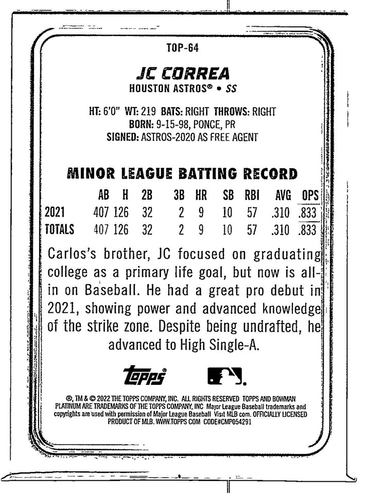 2022 Bowman Platinum #TOP-64 JC Correa PROSPECTS Houston Astros | eBay