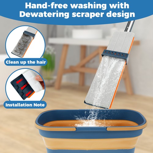 Mop and Foldable Bucket Set Microfiber Mop Hands-Free Flat Floor Mop ...
