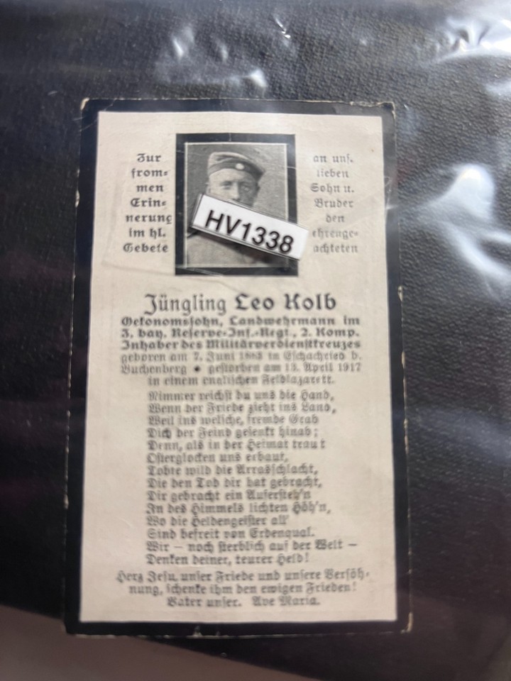 WW1 German Imperial Army Death Card LEO KOLB Bayern RIR3 | eBay