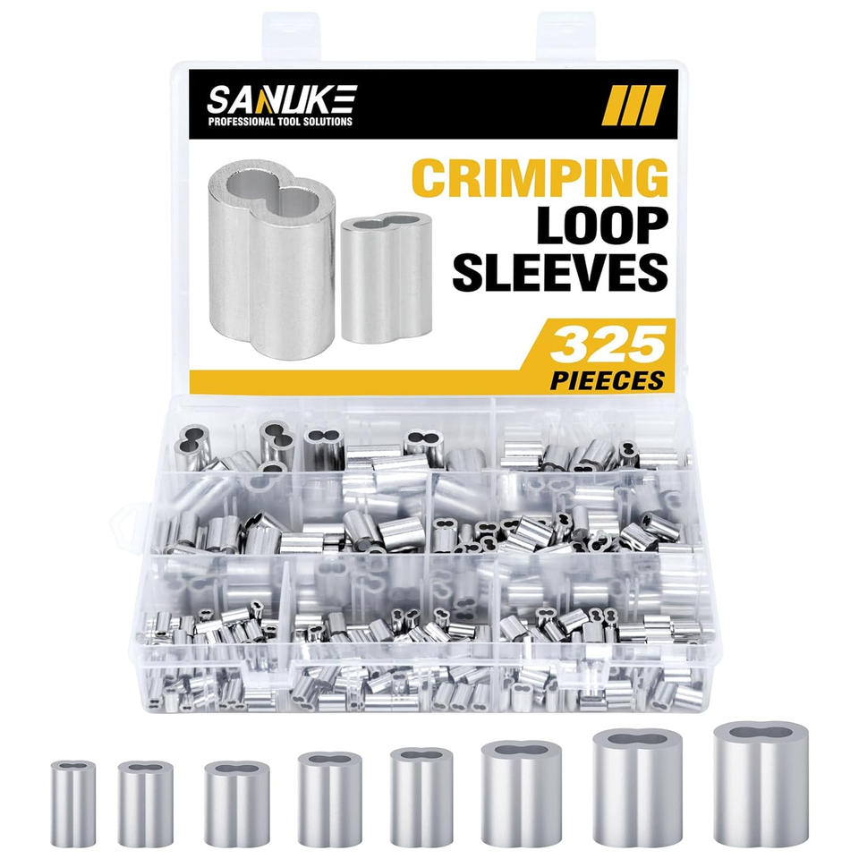 325Pcs Wire Rope Sleeves Aluminum Crimping Loop Sleeves, 8 Sizes 3/64 ...