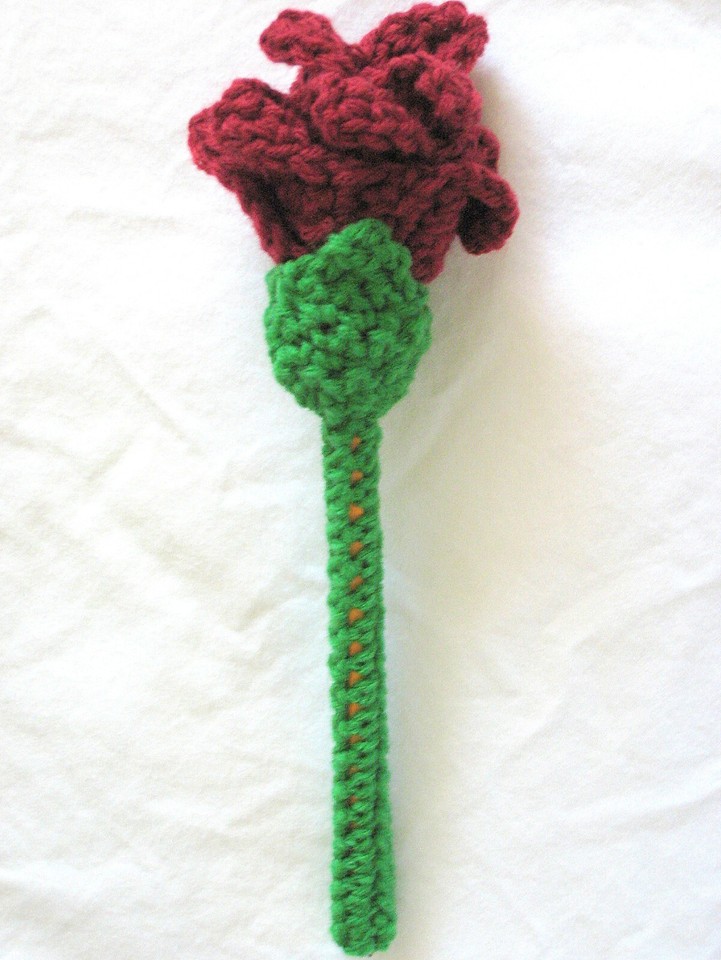 ROSE Flower MAROON Burgundy GREEN STEM a HANDMADE Knit CROCHET Floral ...
