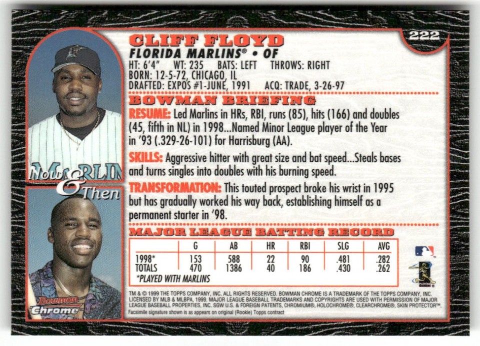 1999 BOWMAN CHROME #222 CLIFF FLOYD FLORIDA MARLINS | eBay