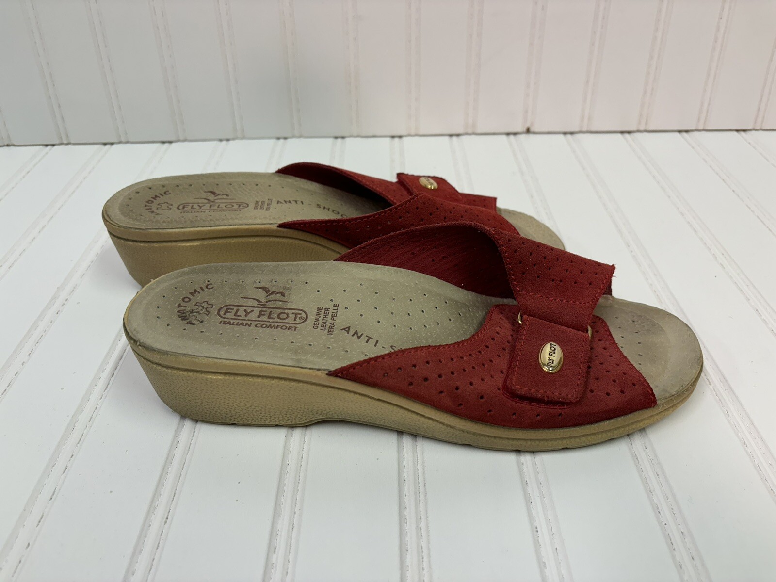 FLY FLOT Anatomic Wedge Sandals Red Perforated Leather Slides Italy US ...